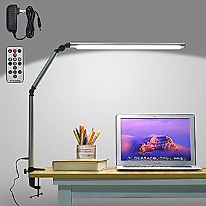Coyfa LED Desk Lamp with Clamp and RF Remote, Metal Swing Arm Desk Lamps for Home Office, 3 Color Modes 6 Brightness Timing Dimmable Eye Caring Memory Function Desk Light