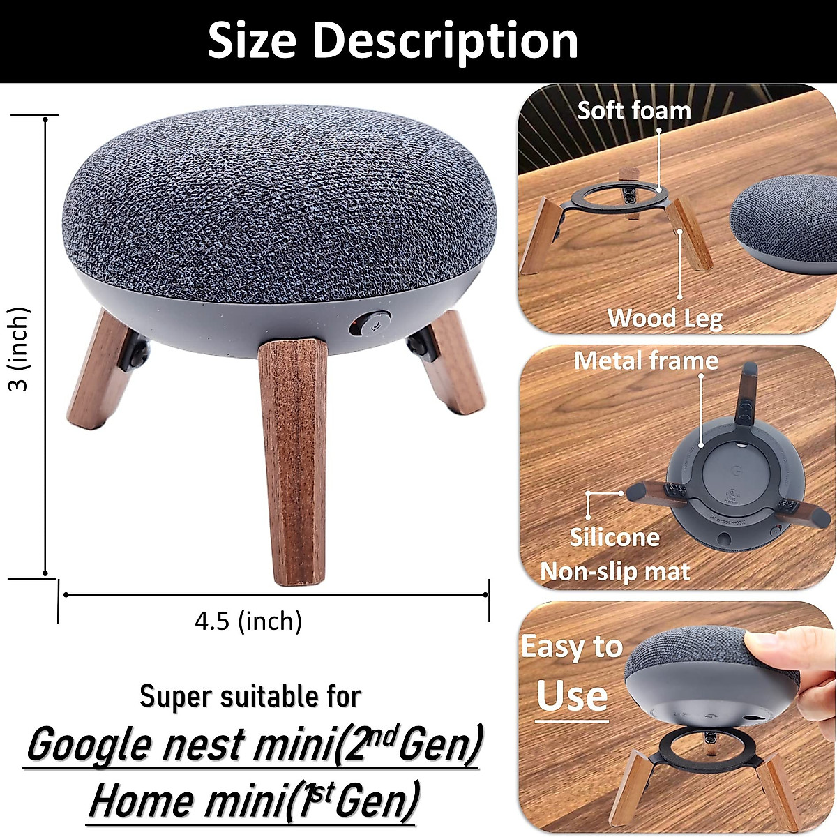 Real Wood Holder Compatible for Google Home Mini,nest Mini(2nd gen),Small Secure Tripod Accessories for Speaker Better Sound,Sturdy Durable Stable Wooden Stand for Home Mini Smart Speaker(Walnut)