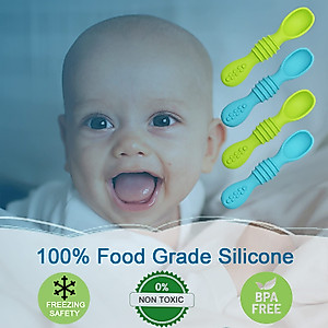 Baby Spoons Self Feeding for 6+ Month Boys Girls, 4 Pack Silicone First Stage Training Spoons for Infants and Toddlers, Chewable Led Weaning Untensils, Dishwasher Safe Boil-proof