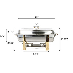 Thunder Group SLRCF0833GH Chafer, 8 quart, full-size, oblong, dripless water pan, lift-off lid, fuel holder and plate, gold handles and support beams, stainless steel
