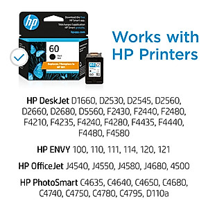 Original HP 60 Black Ink Cartridge | Works with DeskJet D1660, D2500, D2600, D5560, F2400, F4200, F4400, F4580; ENVY 100, 110, 120; PhotoSmart C4600, C4700, D110a Series | CC640WN