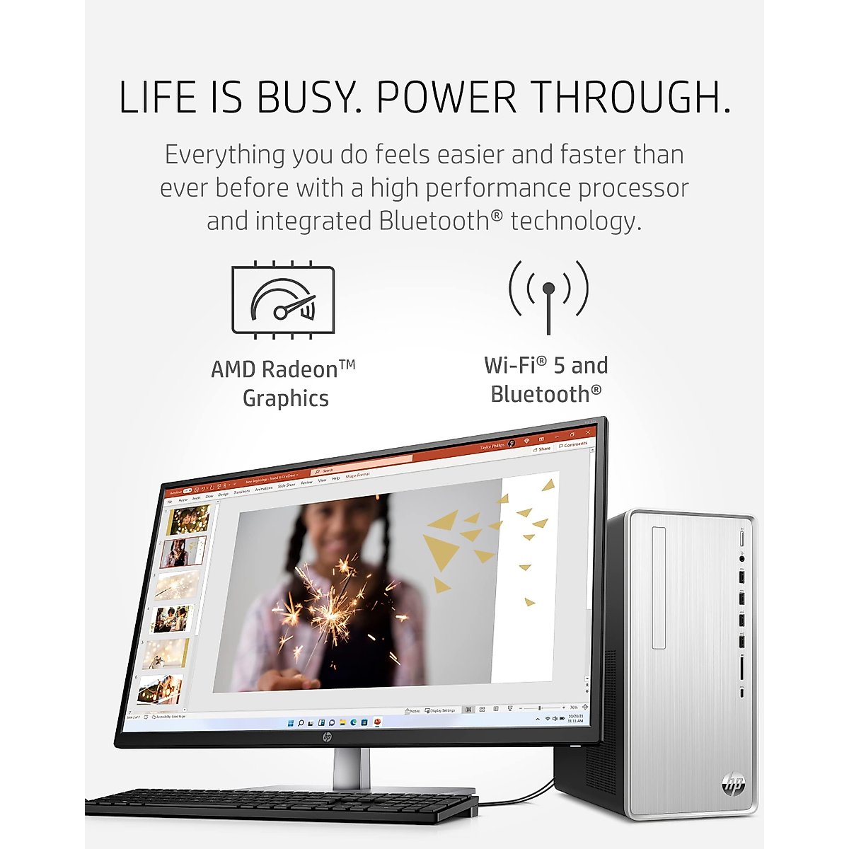 HP 2023 Newest Pavilion Desktop PC, AMD Ryzen 3 5300G Processor (up to 4.2GHz), 8GB RAM, 256GB SSD, 1TB HDD, AMD Radeon Graphics, Wired Mouse and Keyboard, USB Type-A&C, Wi-Fi, Bluetooth, Windows 11