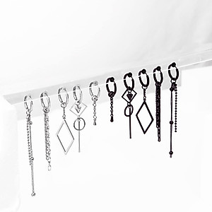 EFORPAD 5Pcs Clip On Earrings Non Piercing Fake Earrings Hoop Dangle Earrings for Men Women Stainless Steel Dangle Hoop Earrings Long Chain Pendant Earrings (Black)