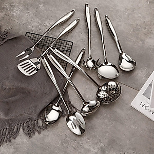 304 Stainless Steel Kitchen Utensil Set - 9 PCS Serving Utensils, Cooking Utensil, Solid Spoon, Slotted Spoon, Fork, Spatula, Ladle, Skimmer Spoon, Slotted Spatula Tunner, Spaghetti Spoon, Large Spoon
