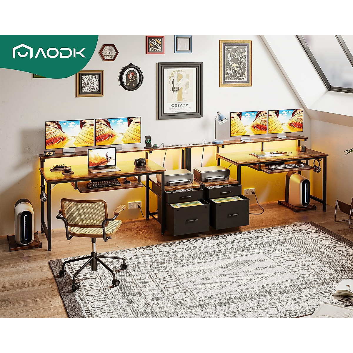 AODK 55" Computer Desk with Fabric File Cabinet and Drawer, Reversible Office Desk with Power Outlet and LED Light, Study Desk with Printer Stand, Keyboard Tray, Monitor Riser and PC Stand, Vintage