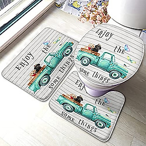 WONDERTIFY Turquoise Truck Bathroom Antiskid Pad Old Car Two Standing Labrador Puppy Dogs 3 Pieces Bathroom Rugs Set, Bath Mat+Contour+Toilet Lid Cover Brown Black