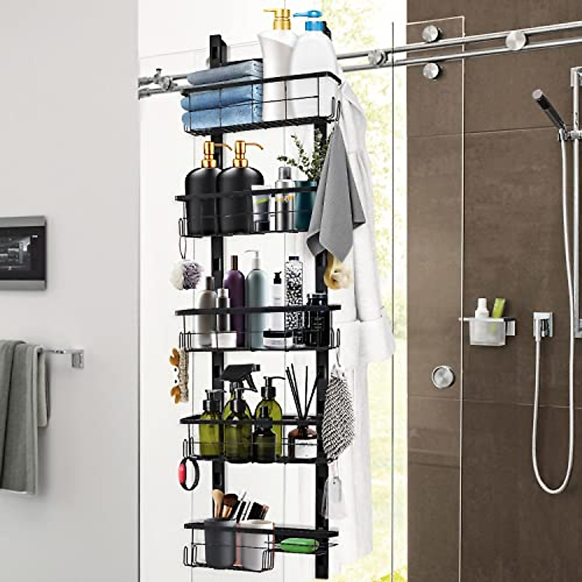 AUROPEAK Shower Caddy Over the Door, Hanging Shower Organizer Rustproof No Drilling, Adjustable Over the Shower Door Caddy Storage Rack with 5-Tier Shelf Baskets, Soap Holder, Towel Hooks for Bathroom