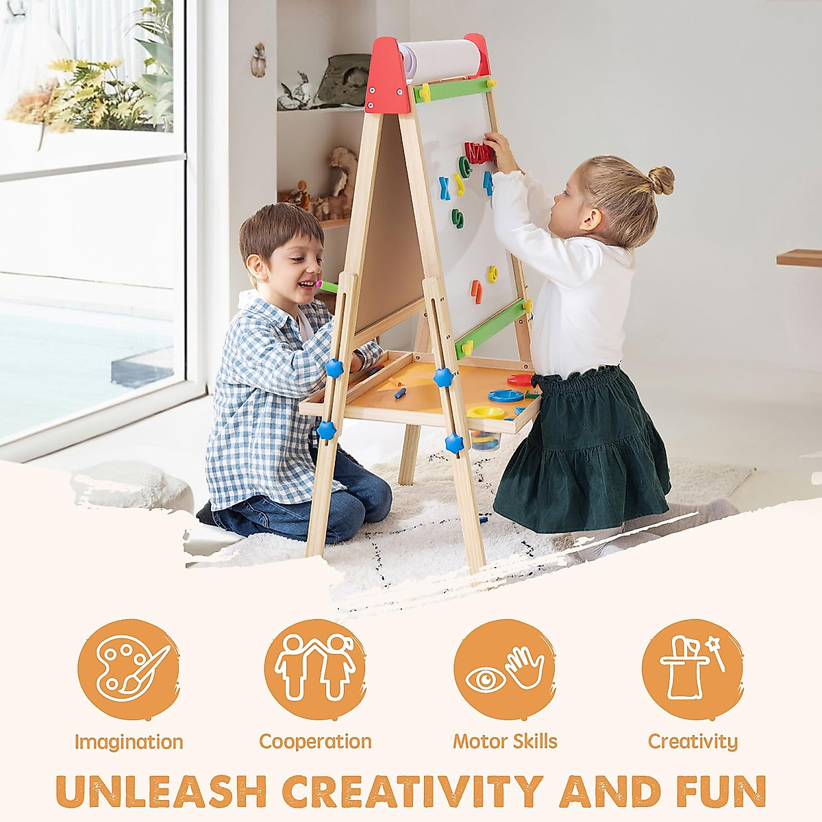 Tiny Land Easel for Kids with 2 Drawing Paper Roll, Learning-Toy for 3,4,5,6,7,8 Years Old Boy & Girls, Wooden Chalkboard & Magnetic Whiteboard & Painting Paper Stand, Gift & Art Supplies for Toddler