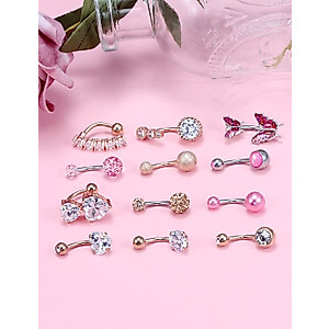 Vsnnsns 14G Belly Button Rings Belly Rings for Women Stainless Steel CZ Opal Belly Piercing Jewelry Surgical Steel Butterfly Belly Button Rings Curved Navel Ring Body Jewelry Piercing Rose Gold