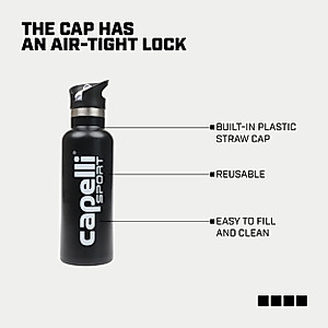 Capelli Sport Water Bottle Stainless Steel, Insulated Thermos Water Bottle with Plastic Straw Cap, Black
