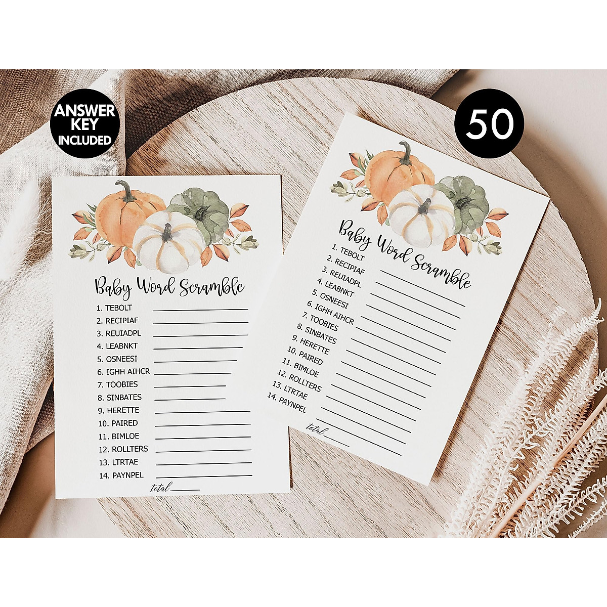 50 Baby Shower Word Scramble (50-Cards) Fun Baby Shower Game Activity, Gender Neutral Boy or Girl, Pumpkin, Autumn