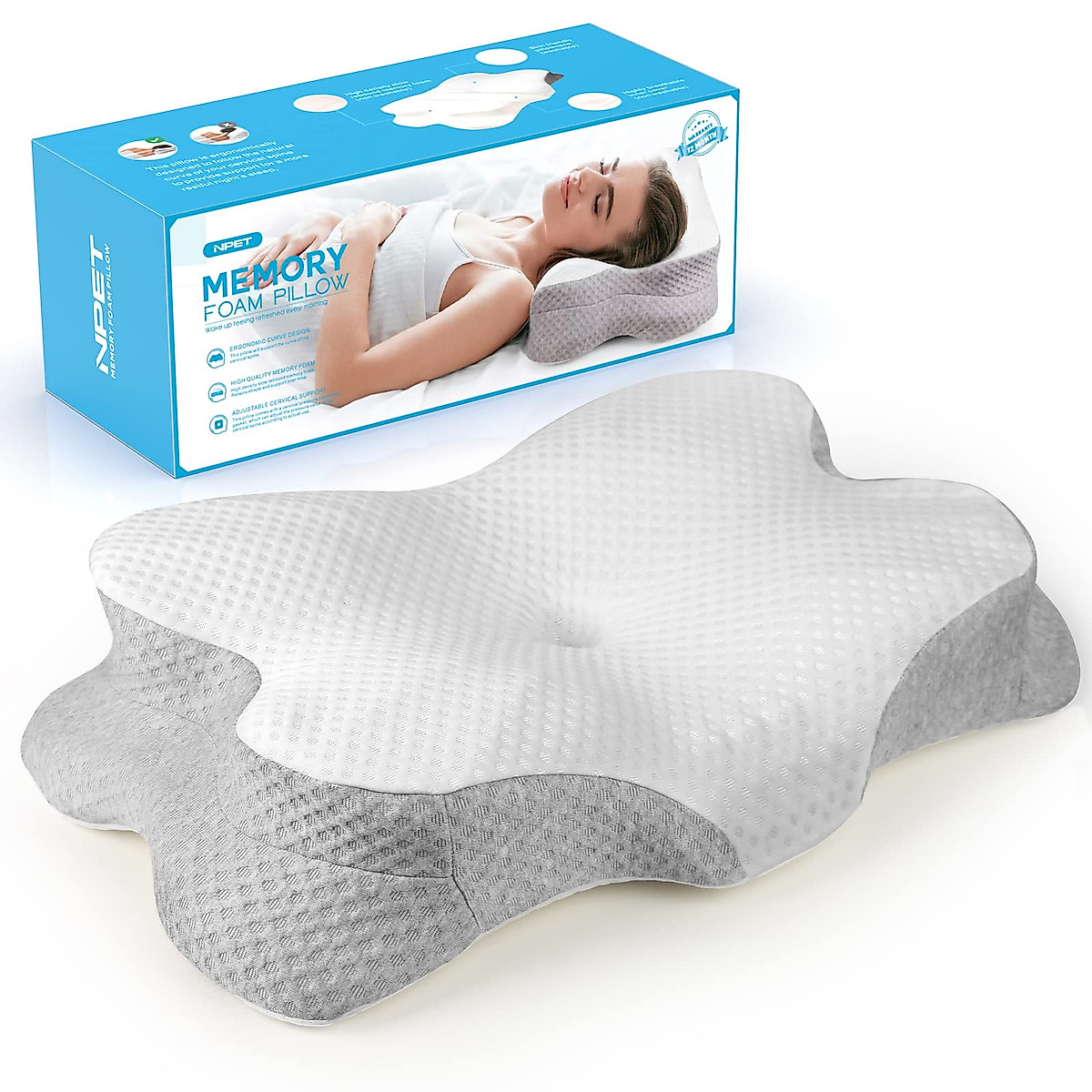 NPET Cervical Pillow for Neck Pain Relief, Hollow Design Ergonomic Memory Foam Pillow with Skin-Friendly Pillowcase, Adjustable Cervical Support for Side Back Stomach Sleepers