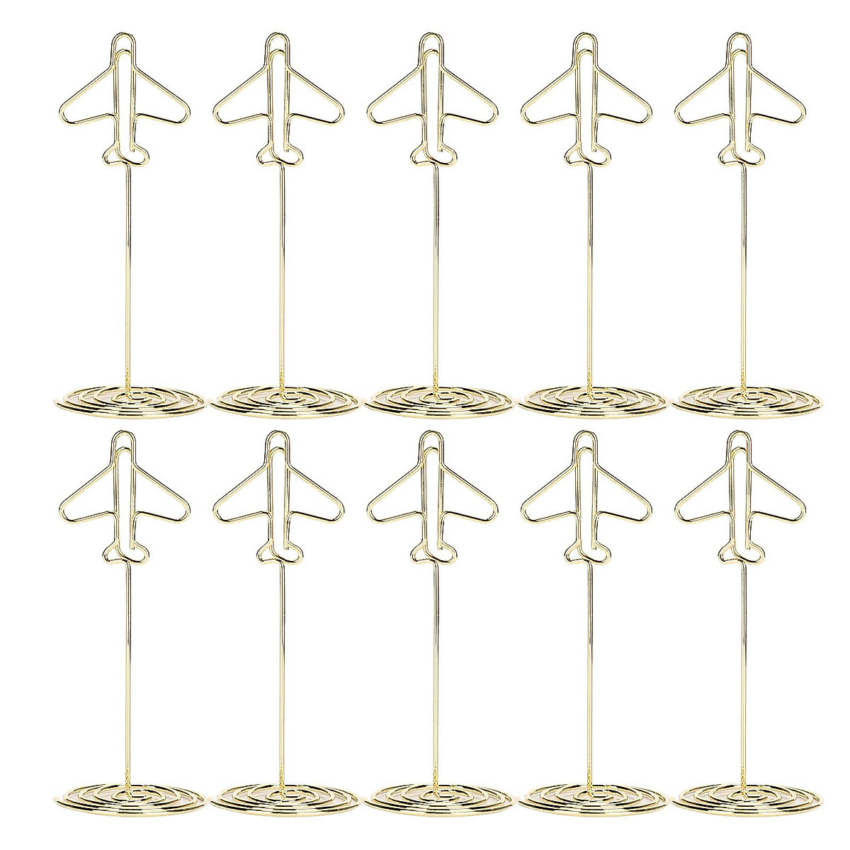 Cyrank 10pcs Table Number Holders, 3.9in Gold Place Card Holders Centerpieces Photo Holder Clips Wire Picture Clips Airplane Design Memo Note Photo Stand