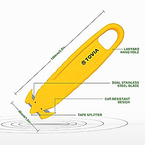 T TOVIA Safety Box Cutter Knife of Recessed Concealed Stainless Steel Blade, Package Opener Plastic Cutter for Box, Carton, Shrink Wrap, Plastic Straps, 10pcs