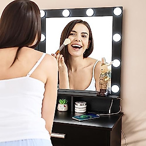 Quimoo Vanity Desk with Mirror and 10 LED Lights, Makeup Vanity with Charging Station and 4 Drawers Chest & Shelves, Vanity Set, Vanity Table with Cushioned Stool, for Bedroom, Black