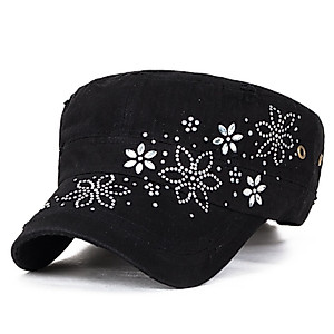 ililily Crystal Gemstone Stud Flower Vintage Cotton Military Army Hat Cadet Cap, Black