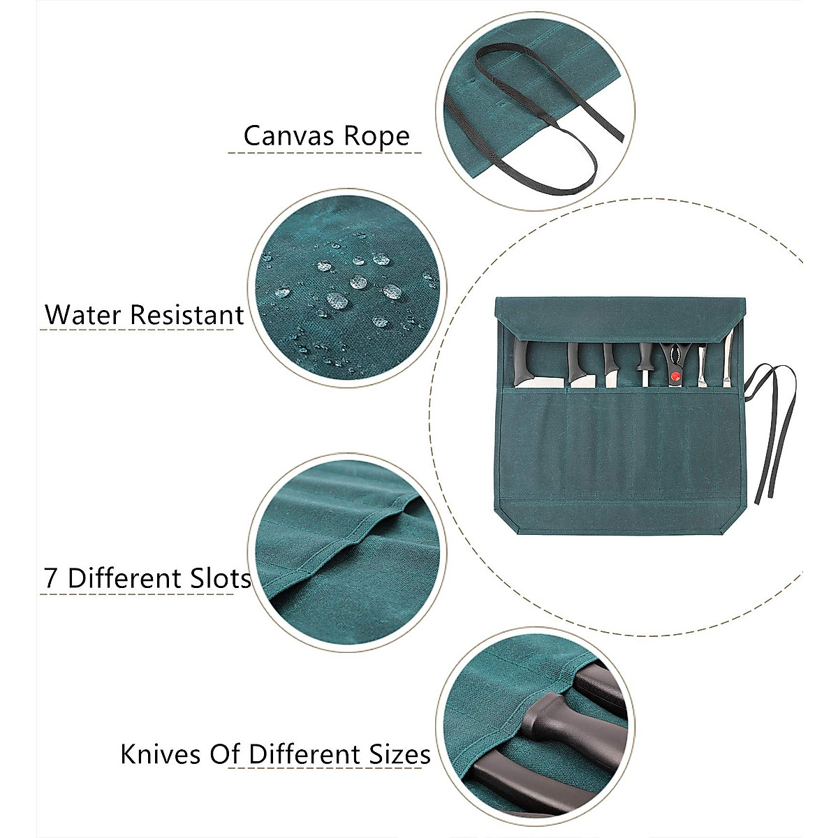 Denifiter Heavy Duty Waxed Canvas Chef Knife Storage Roll Bag With 7 Slots, Waterproof And Durable (Dark Green)