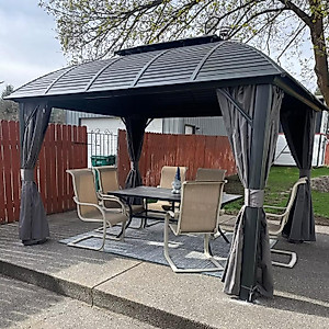 Domi 10'x12' Hardtop Gazebo Arc Canopy,Outdoor Aluminum Gazebo with Galvanized Steel Double Roof,Curtain and Netting,Permanent Gazebos Pavilion for Patio Deck,Backyard,Gray