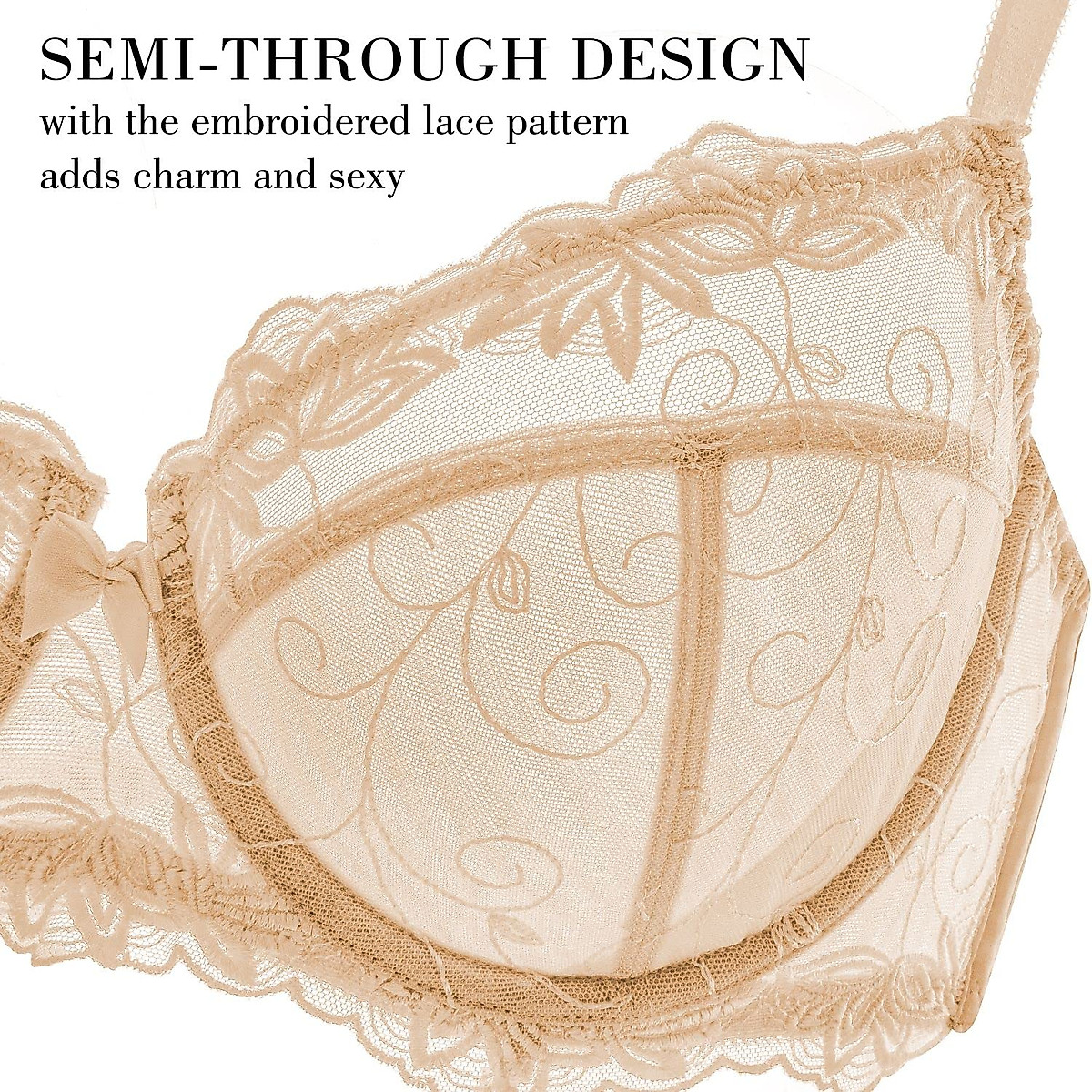 Wingslove Women's Sexy Lace Plus Size Embroidered Sheer Unpadded Underwire Unlined See Through Bra (Nude, 36G)