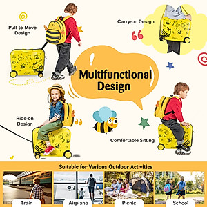 Goplus 2 PCS Kid Luggage, 18” Ride on Suitcase W/Spinner Wheels, 12” Backpack W/Anti-Lost Rope, Carry Strap, Sit on Rolling Carry on Luggage Set for Girls Boys Travel (Yellow Bee)
