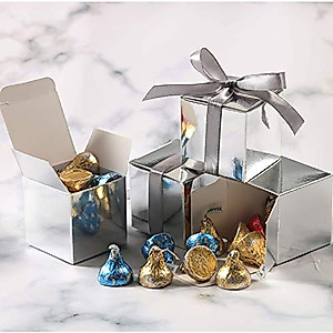 KPOSIYA 100 Pack Favor Boxes 2x2x2 inch Candy Boxes Metallic Silver Gift Boxes with Ribbons for Wedding Baby Shower Decorations Birthday Party Supplies (Metallic Silver, 100)