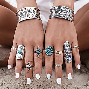 Octwine 9 Pcs Bohemian Knuckle Silver Rings Set Turquoise Finger Ring Flower Midi Vintage Rings Punk Leaf Index Ring for Women and Girls