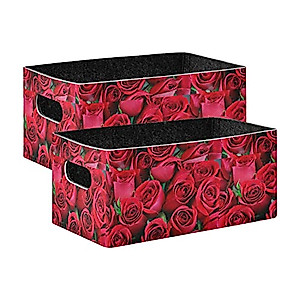 Emelivor Roses Storage Basket Bins Set (2pcs) Felt Collapsible Storage Bins with Fabric Rectangle Storage Organizing Baskets for Office Bedroom Closet Babies Nursery Toys DVD Laundry