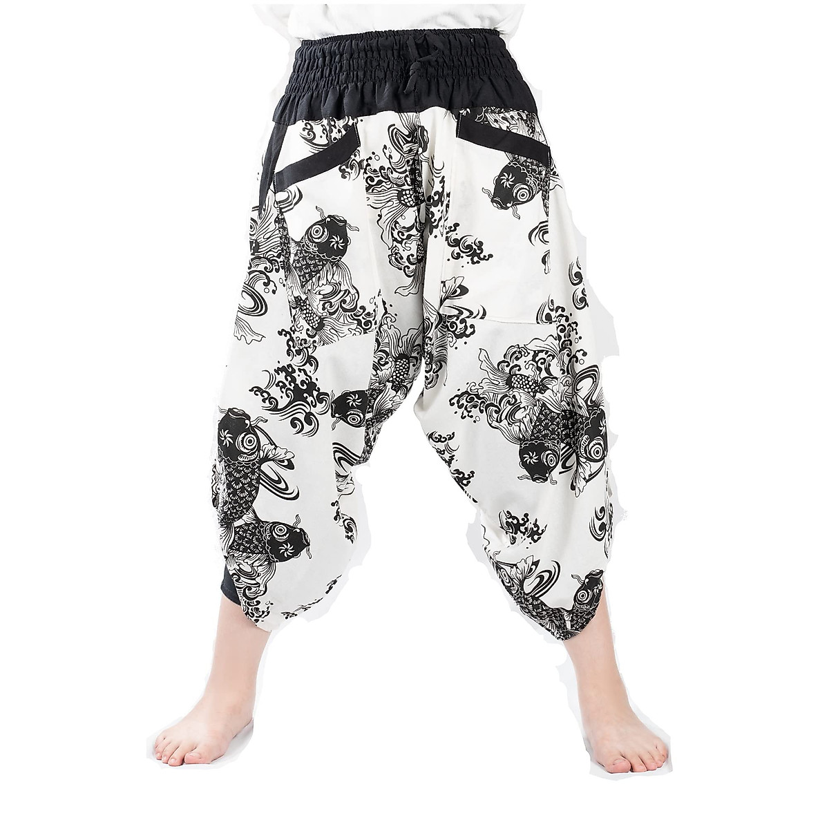 Kurop Saruel Pants Carp Pattern Japanese Pattern Wide Pants Thai Pants Aladdin Pants Dancewear Yoga Gaucho Men's Women's (Carp D)