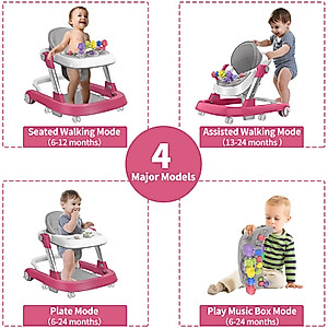 (Rose-red) Baby Walker, 6-Gear Height Adjustable Foldable Baby Walkers and Activity Center, Baby Walker with Wheels, Infant Toddler Walker with Music Disk, Baby Walkers for Baby Boys and Girls