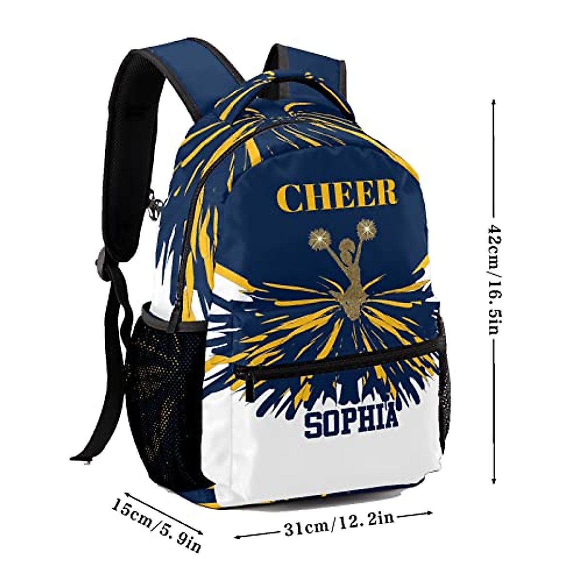 SunFancyCustom Cheerleader Navy Blue Gold Backpack Personalized Waterproof Casual Daypack Gift for Holiday Birthday
