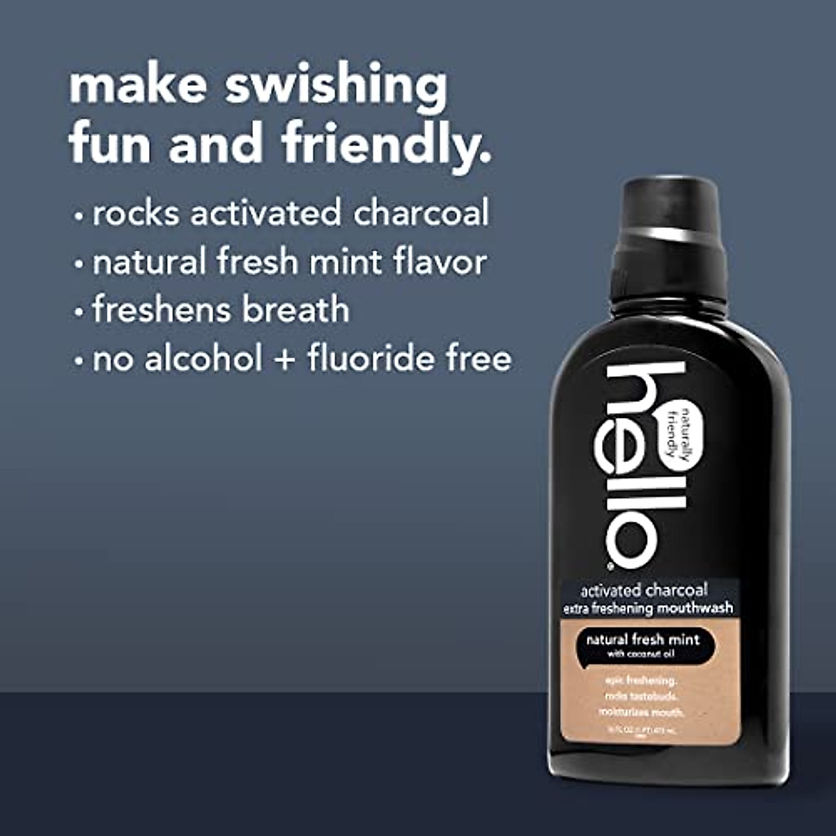 Hello Activated Charcoal Extra Freshening Mouthwash, Natural Fresh Mint and Coconut Oil, Fluoride Free, Alcohol Free, Vegan, SLS Free and Gluten Free, 16 Fl Oz (Pack of 3)