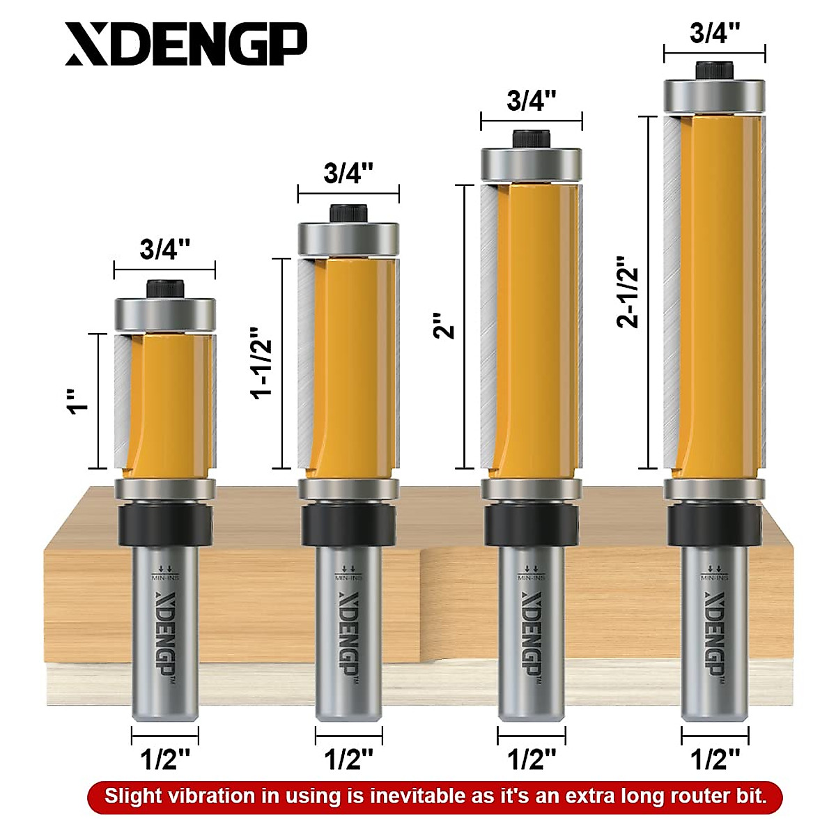 XDENGP 4 PCS Top and Bottom Bearing Flush Trim Router Bits Set 1/2 Inch Shank, 3/4 Inch Cutting Diameter