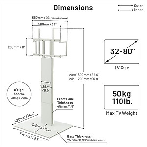 WALL V5 High Type | Japanese Rolling Portable Free-Standing 32-80 Inch Universal TV Stand with Concealed Caster Wheels | Satin White