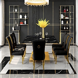 Asday Black and Gold Dining Chairs Set of 4, Black Velevt Upholstered Kitchen Chair with Metal Ring Pull, High Back Dining Chairs with Gold Stainless Steel Legs