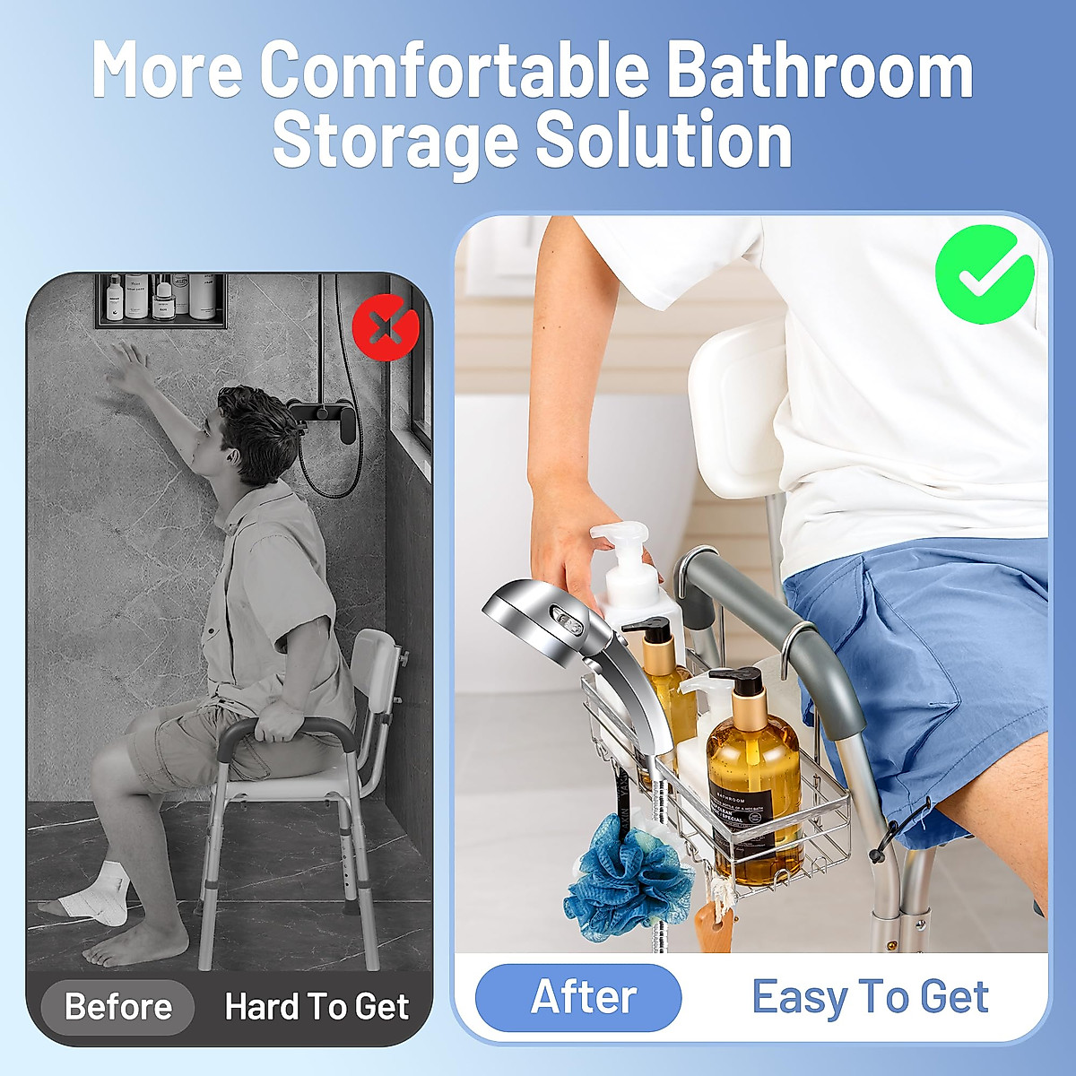 YUOROS Shower Caddy Hanging, 304 Stainless Steel Shower Organizer Rack for Shower Chair Bench for Elderly Seniors Disabled Handicap