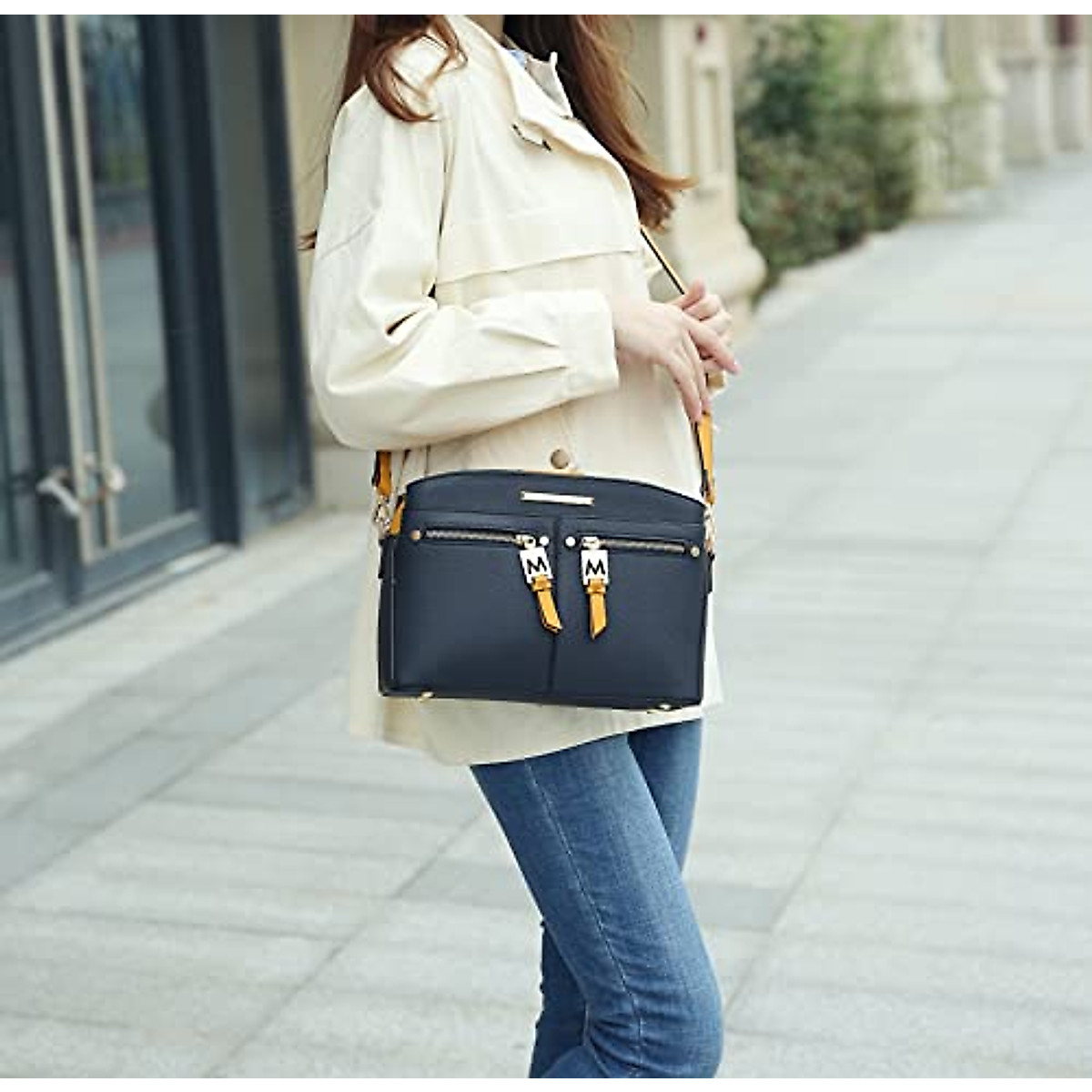 MKF Crossbody Bag for Women – PU Leather Pocketbook Handbag – Designer Side Messenger Purse, Shoulder Crossover Olive Green-Mustard