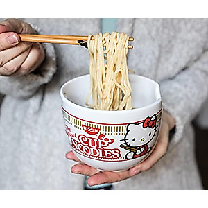 Hello Kitty Cup Noodles Japanese Ceramic Dinnerware Set | Includes 20-Ounce Ramen Bowl and Wooden Chopsticks | Asian Food Dish Set For Home Kitchen | Kawaii Anime Gifts, Official Sanrio Collectible