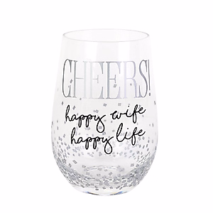 Enesco Our Name is Mud Cheers Wife Happy Life Glittered Stemless Wine Glass, 15 Ounce, Clear