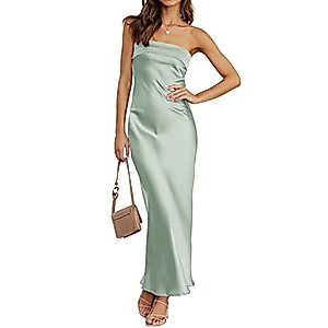 ZESICA Women's 2023 Summer Satin Strapless Dress Sexy Backless Bodycon Wedding Cocktail Party Maxi Dresses,Sage,Large