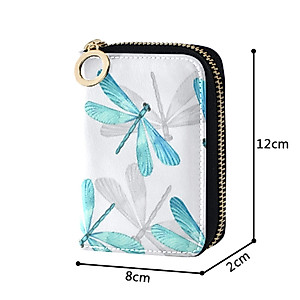 MOYYO RFID Credit Card Holder Case Watercolor Blue Dragonfly Leather Printed Zipper Card Case Wallet for Women Girls