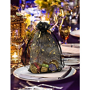 Jexila 100PCS Black Organza Bags 5''X7'' Moon Star Pattern Mesh Jewelry Gift Bags with Drawstring for Wedding Party Favor Small Candy Bags