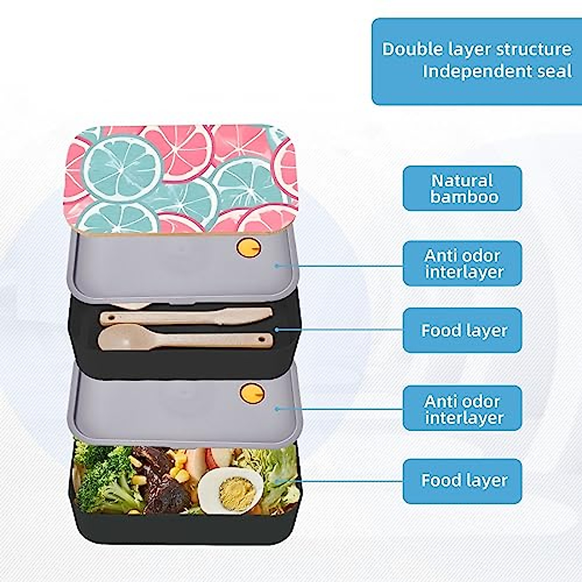 Pink Blue Citrus Slices Adult Lunch Box, Bento Box, With Cutlery Set Of 3, 2 Compartments, Rectangular, Lunch Box For Adults