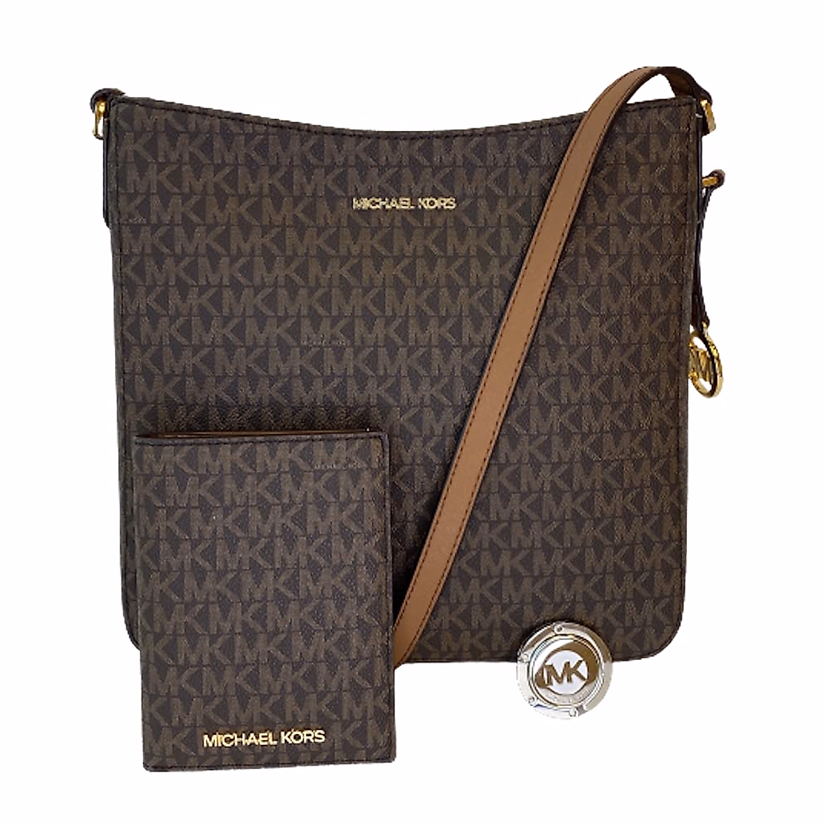 Michael Kors MICHAEL Michael Kors Jet Set Travel Large Messenger Crossbody bundle with Passport Case Purse Hook (Signature MK Brown)