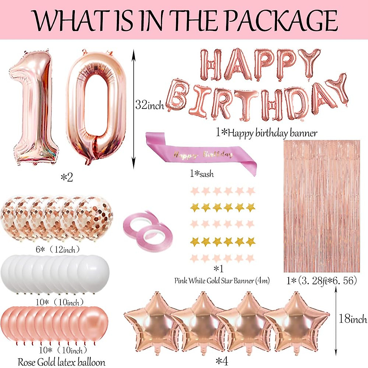Fancypartyshop 10th Birthday Decorations - Rose Gold Happy Birthday Banner and Sash with Number 10 Balloons Latex Confetti balloons Ideal for Girl 10 years old birthday (10th birthday) Rose Gold
