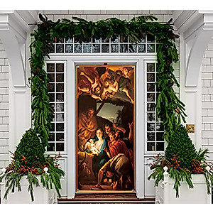 Holy Nativity Christmas Door Cover Traditional Winter Christmas Story Door Banner Nativity Scene Sign Cover for Front Door Porch Home Jesus Christ Family Door Cover Xmas Door Backdrop Decoration
