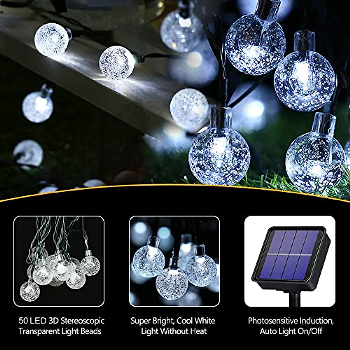 Ligarko Solar Outdoor Lights Waterproof Globe String Lights 50LED 8 Mode 7M/24Ft Indoor/Outdoor Solar String Lights for Garden Patio Yard Festival Party Wedding(Cold White)