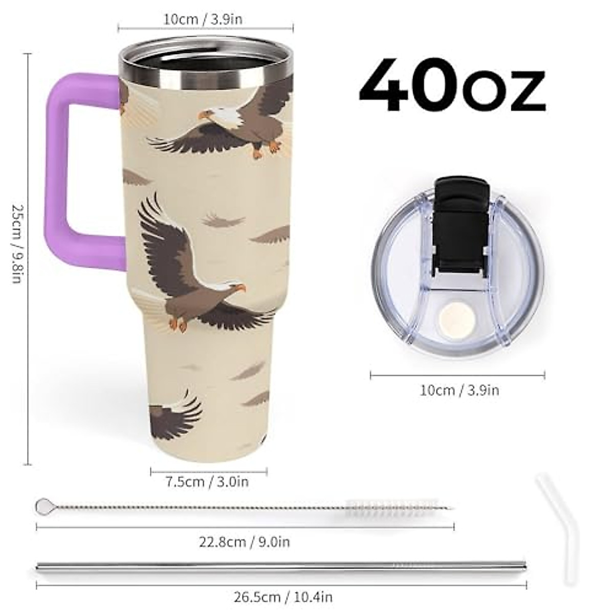 Bald Eagle Pattern 40 Oz Car Cup Stainless Steel Travel Mug Leak-Proof Insulated Tumbler with Handle Violet-style
