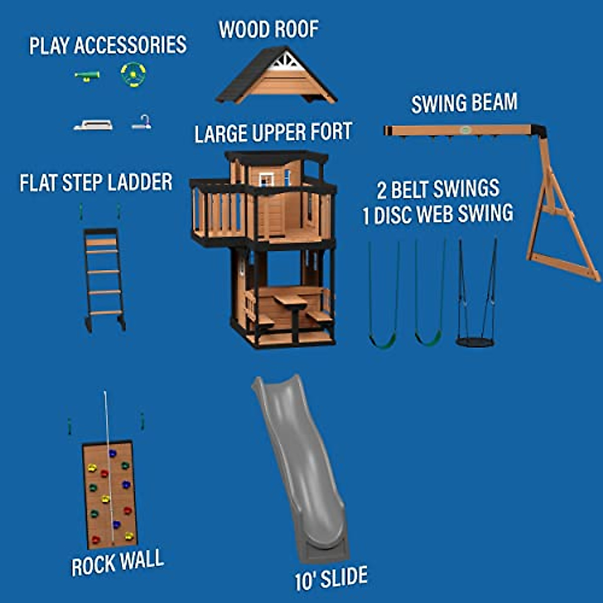 Backyard Discovery Canyon Creek All Cedar Wood Swing Set w/Grey Wave Slide, Playhouse w/Grill, Plastic Food, Picnic Area, Steering Wheel, Two Belt Swings, Rock Climbing Wall, Balcony, Deck, Web Swing