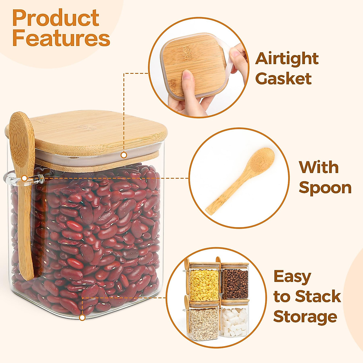 ComSaf 31oz Glass Jars with Bamboo Lids & Spoons Set of 4, Square Glass Containers with Lids, Sugar Coffee Containers Salt Spice Jars, Pantry Storage Container for Loose Tea, Candy, Brown Sugar, Nuts