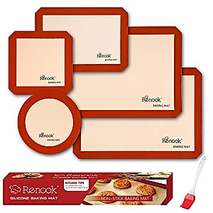 RENOOK Silicone Baking Mats Set of 5, BPA-free grade food baking mat, 100% Non-Stick Reusable Food Safe Liners & Silicone Brush- Macaron, Pastry, Cookie.
